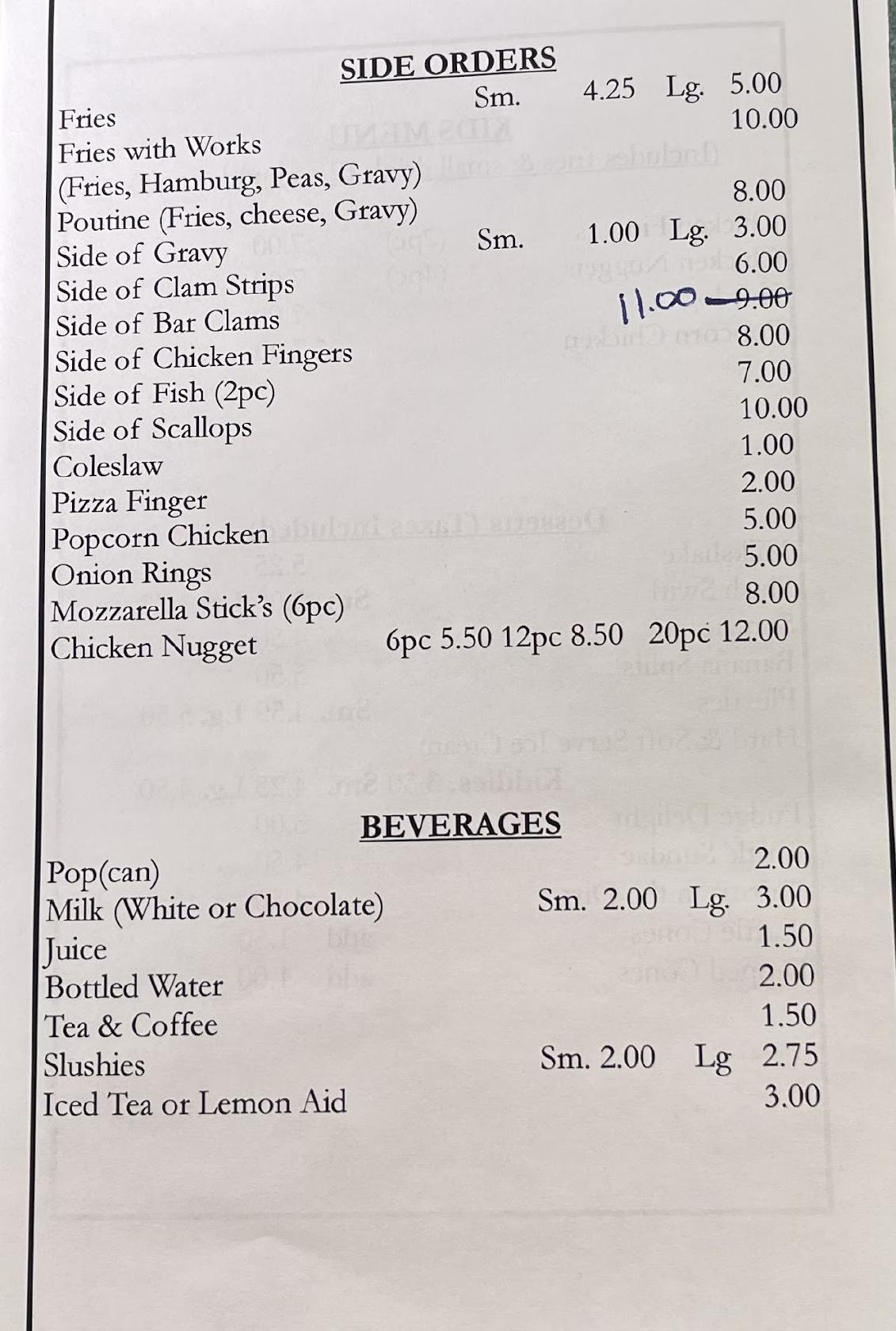 Menu at Shirley's Place restaurant, Souris