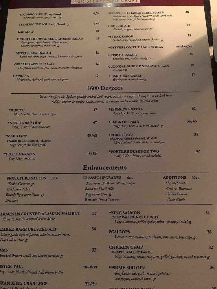 Menu at Spencer's For Steaks & Chops steakhouse, Spokane
