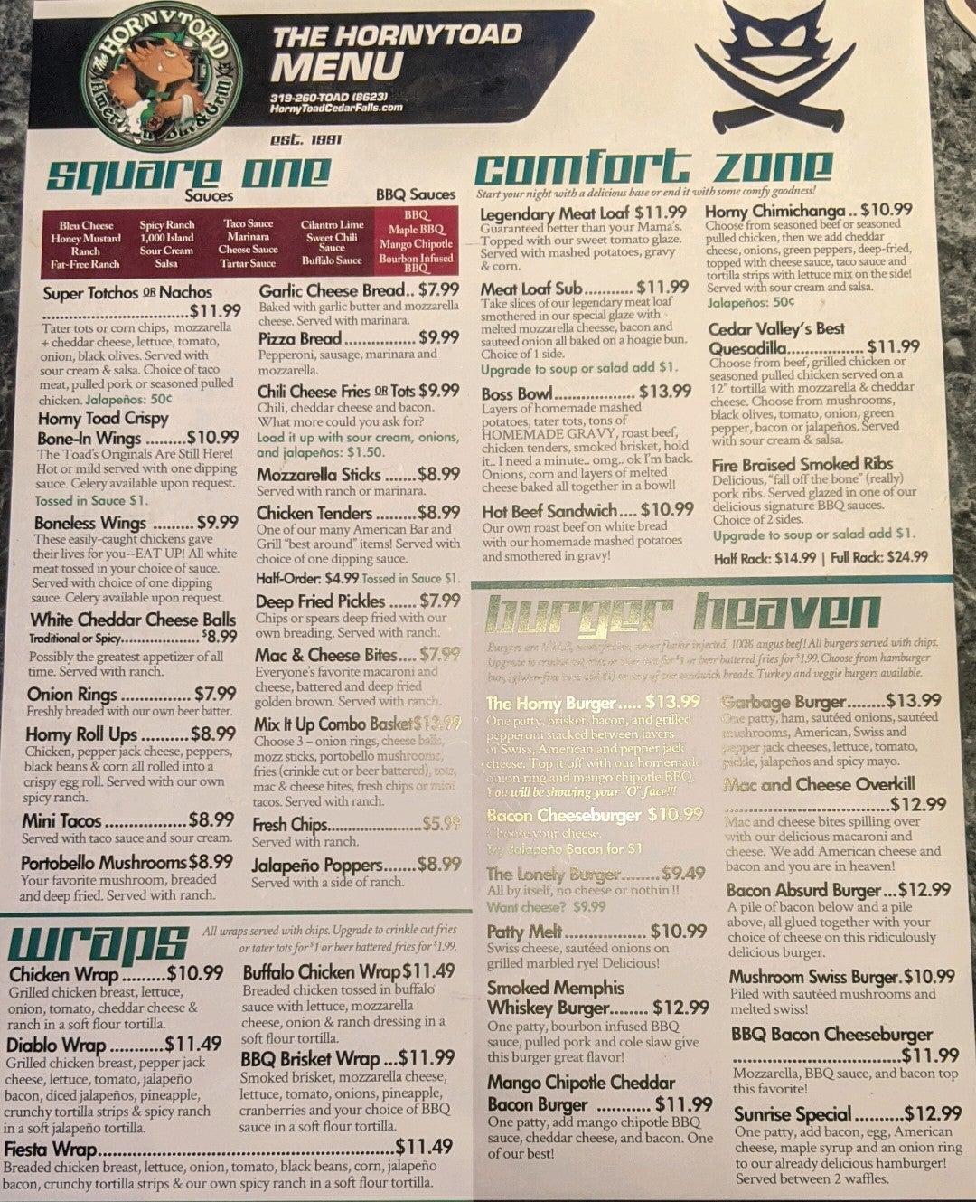 Menu at The Horny Toad American Bar & Grill, Cedar Falls