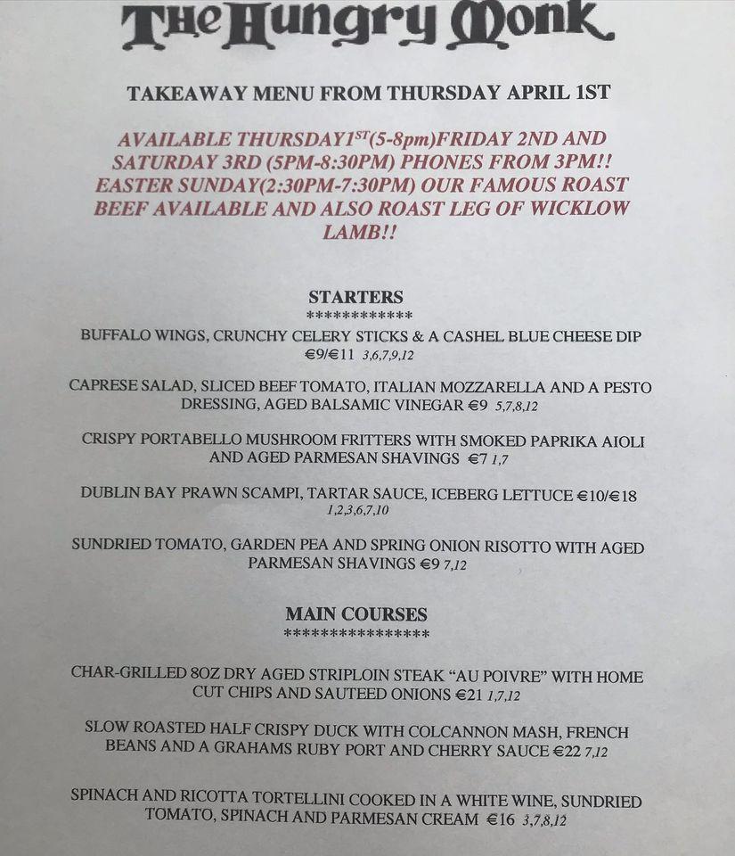 Menu at The Hungry Monk restaurant, Greystones