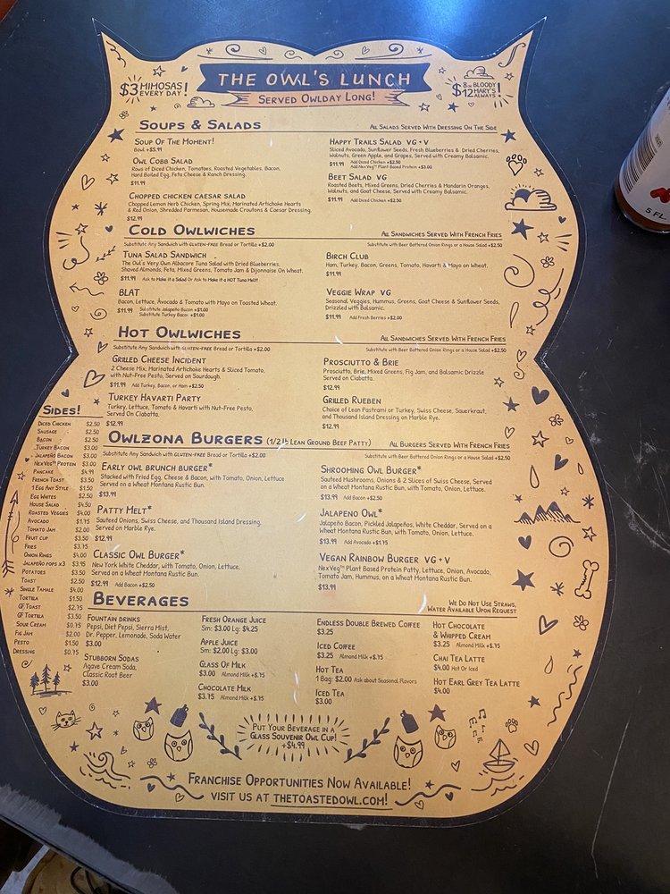 Menu at The Toasted Owl Cafe, Flagstaff