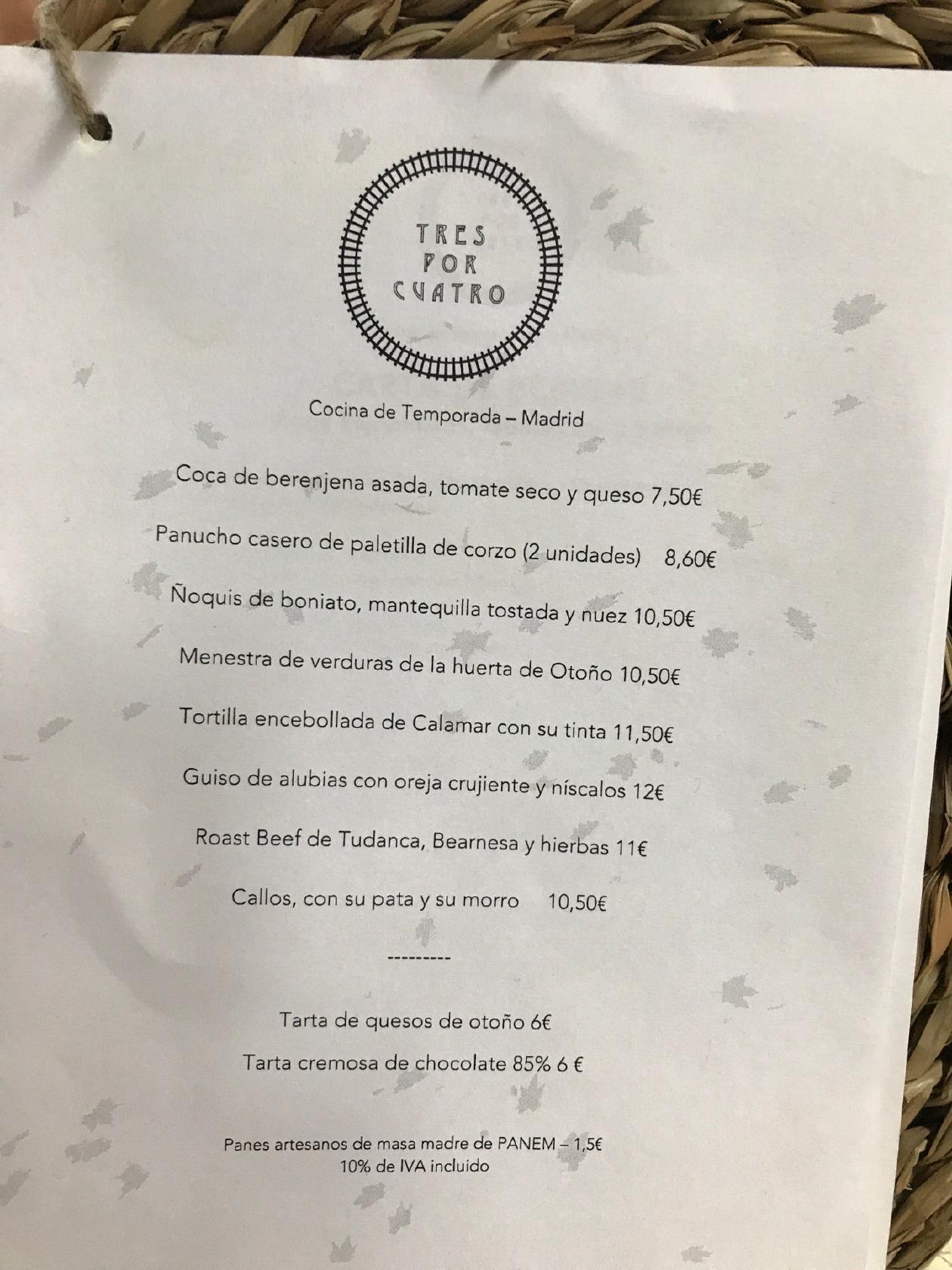 Carta del restaurante Tres por Cuatro, Madrid, C. del Montesa
