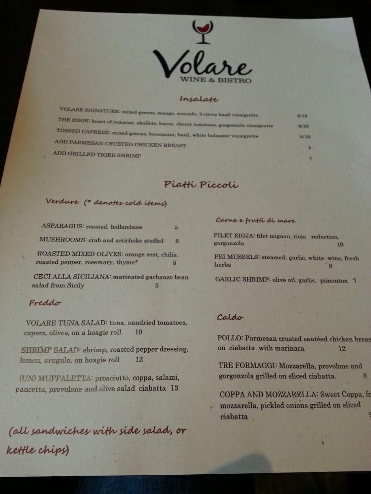Menu at Volare Wine & Bistro pub & bar, Hapeville