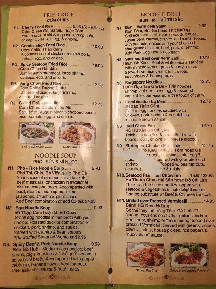 Menu at August Moon restaurant, Harvey