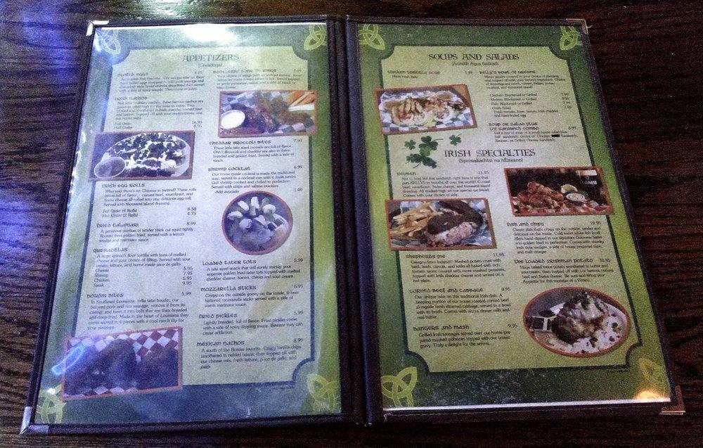 Menu at Kellys Irish Pub, South Padre Island