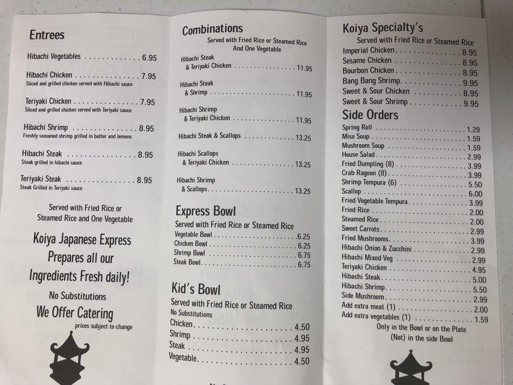 Menu at Koiya Japanese Express restaurant, Vidalia