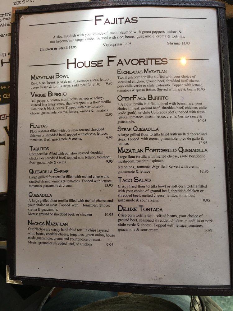Menu at Mazatlan Mexican Restaurant Bend, Bend