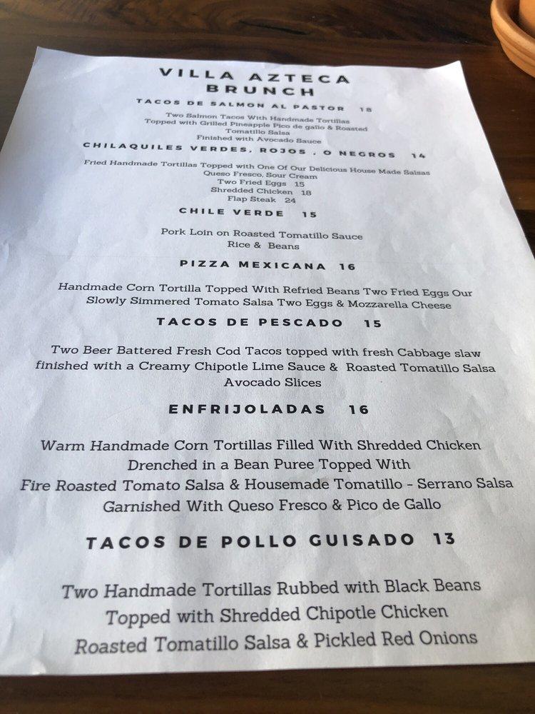 Menu at Villa Azteca restaurant, Salinas