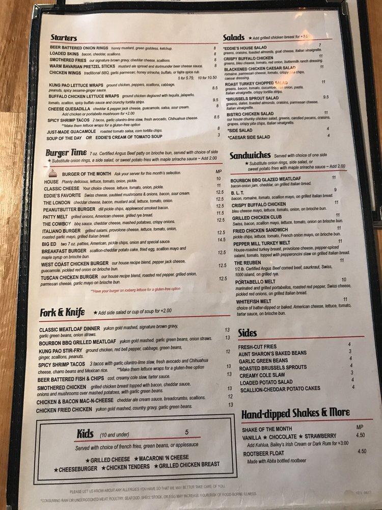 Menu at Fast Eddie's restaurant, Parma