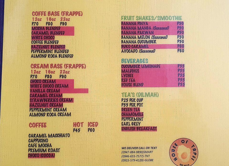 Menu at House of Tapsi restaurant, Dingalan