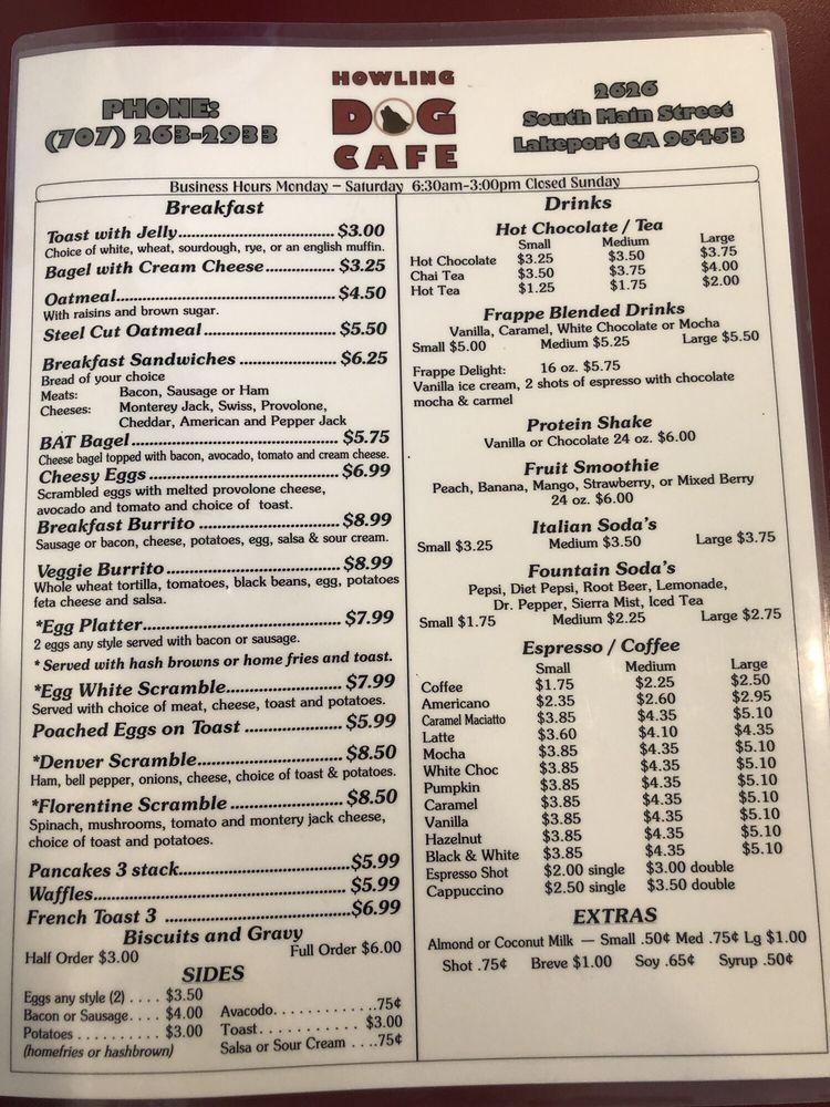 Menu at Howling Dog Cafe, Lakeport, S Main St