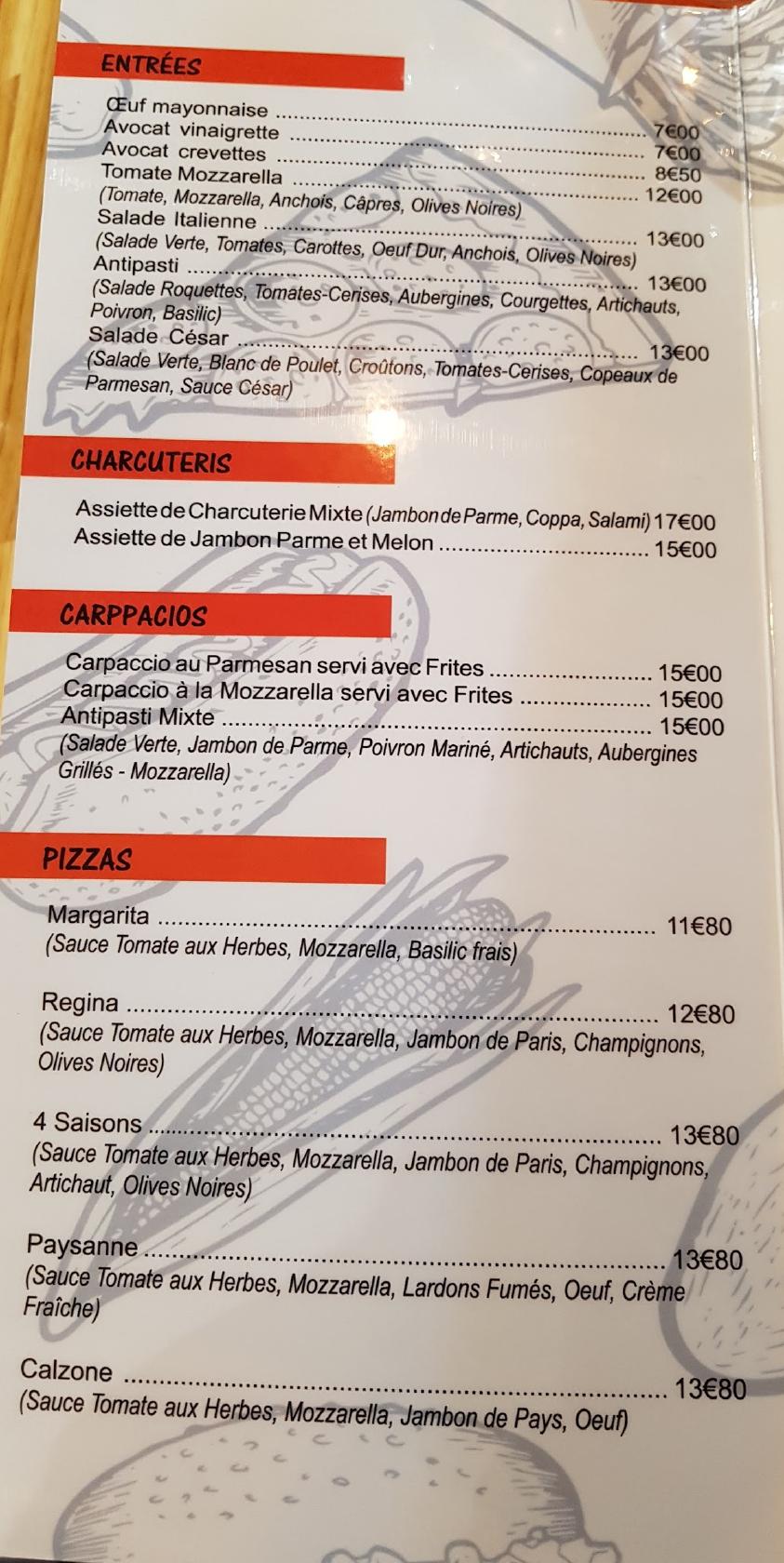 Menu au Le Milano restaurant, Saint-Denis