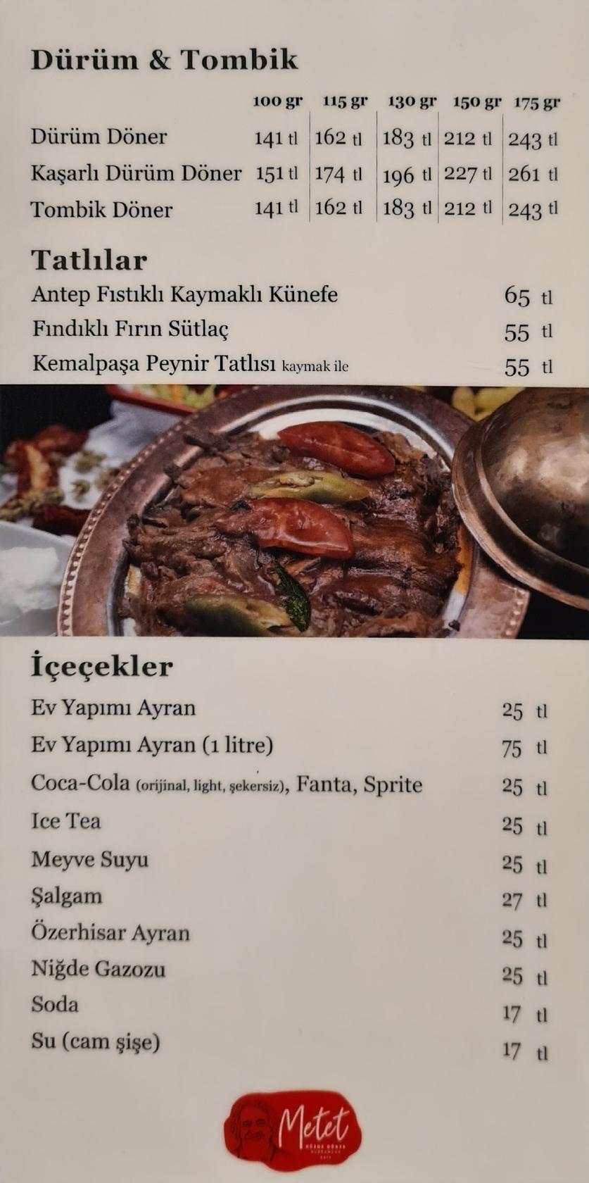 Menu at Metet Közde Döner, Suadiye, Istanbul