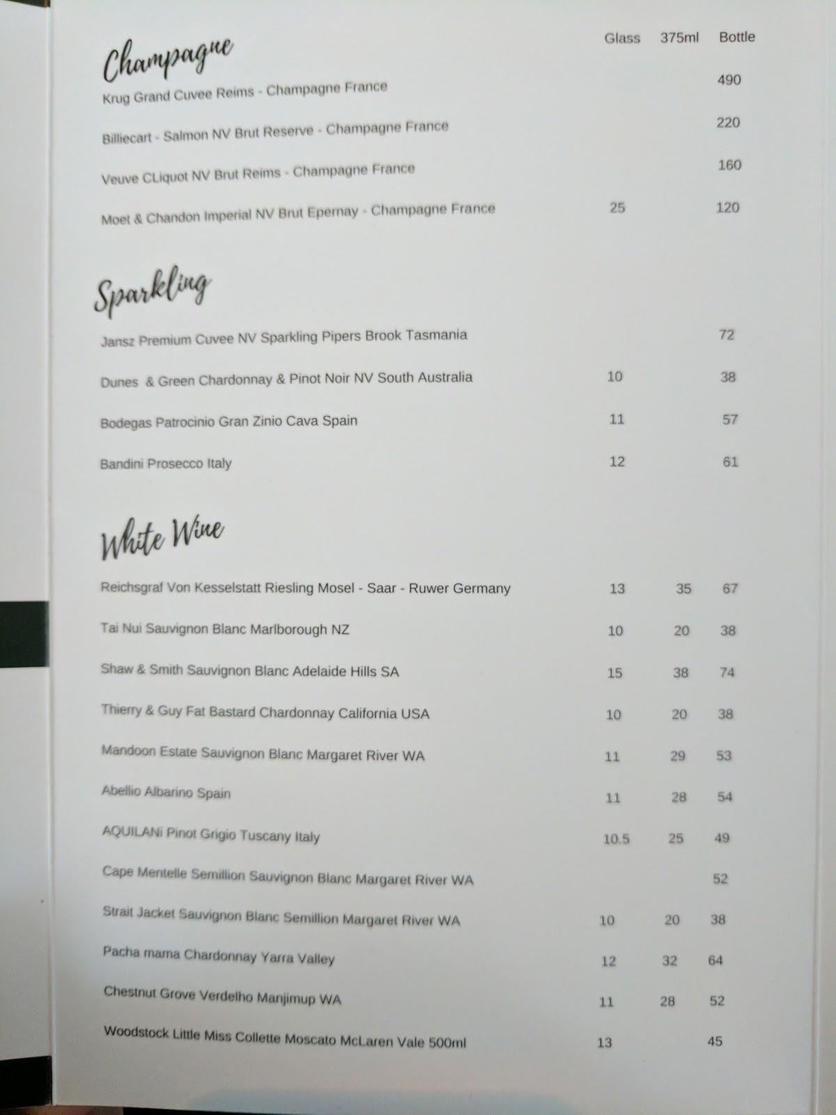 Menu at Metro Bar and Bistro, Perth