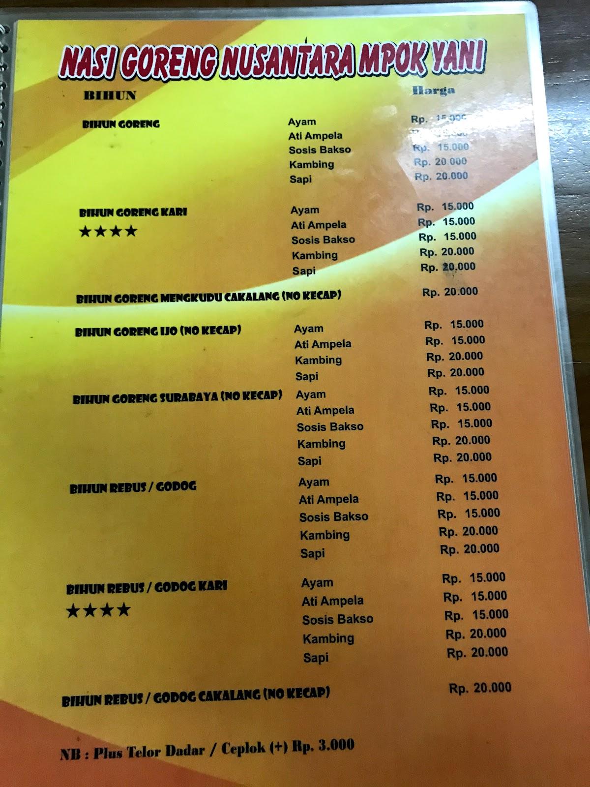 Menu at Nasi Goreng Nusantara Mpok Yani Rempoa restaurant, South Tangerang