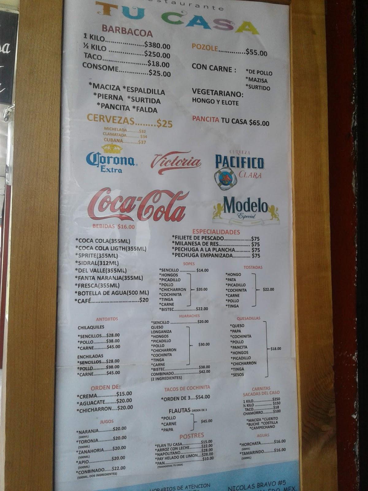Carta de Restaurante Tu Casa, Huixquilucan de Degollado