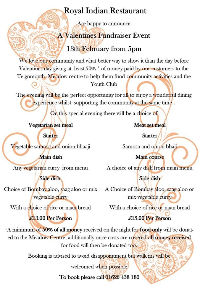 Menu at Royal Indian restaurant, Teignmouth