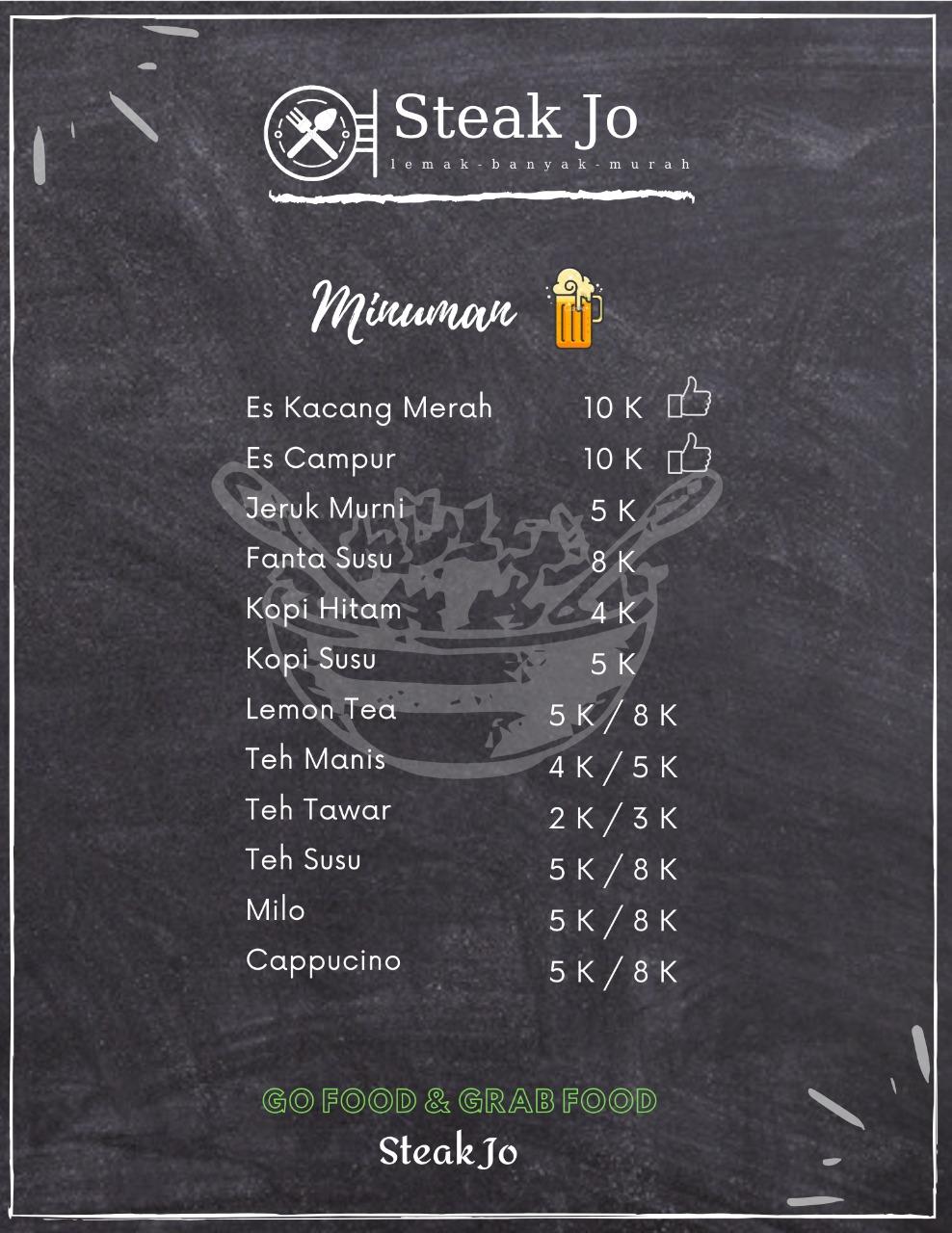Menu at Steak Jo restaurant, Palembang
