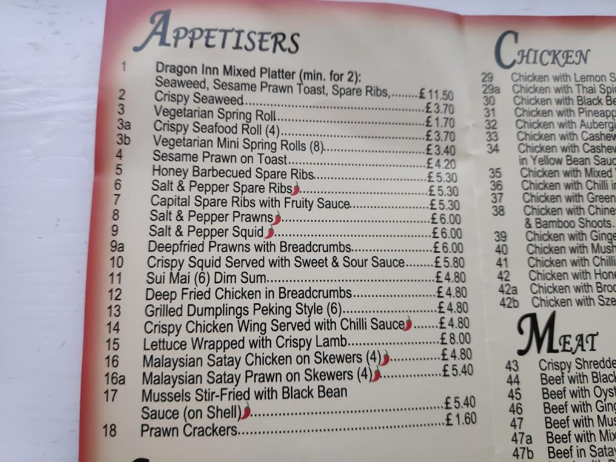 Menu at The Dragon Inn fast food, London, 179 S Ealing Rd