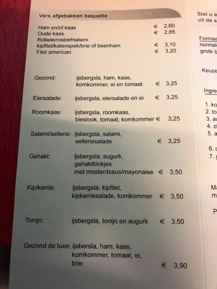 Menu at Wilma's Snackbar, Heerde