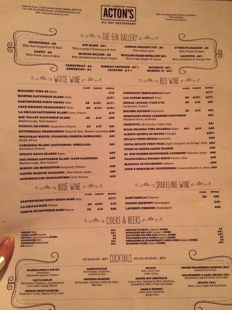 Menu at Actons restaurant, Belfast