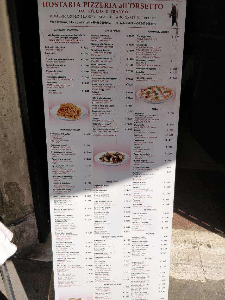 Menu da All'Orsetto Hostaria pizzeria, Roma