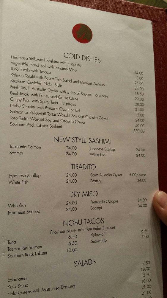 Menu at Nobu restaurant, Southbank, Crown Riverwalk