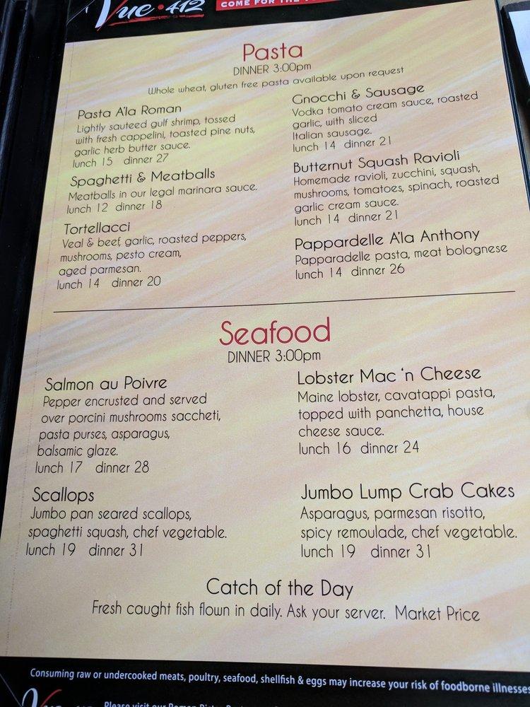 Menu at Vue 412 restaurant, Pittsburgh