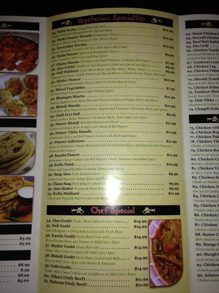 Menu at Zaika Pakistani restaurant, Philadelphia