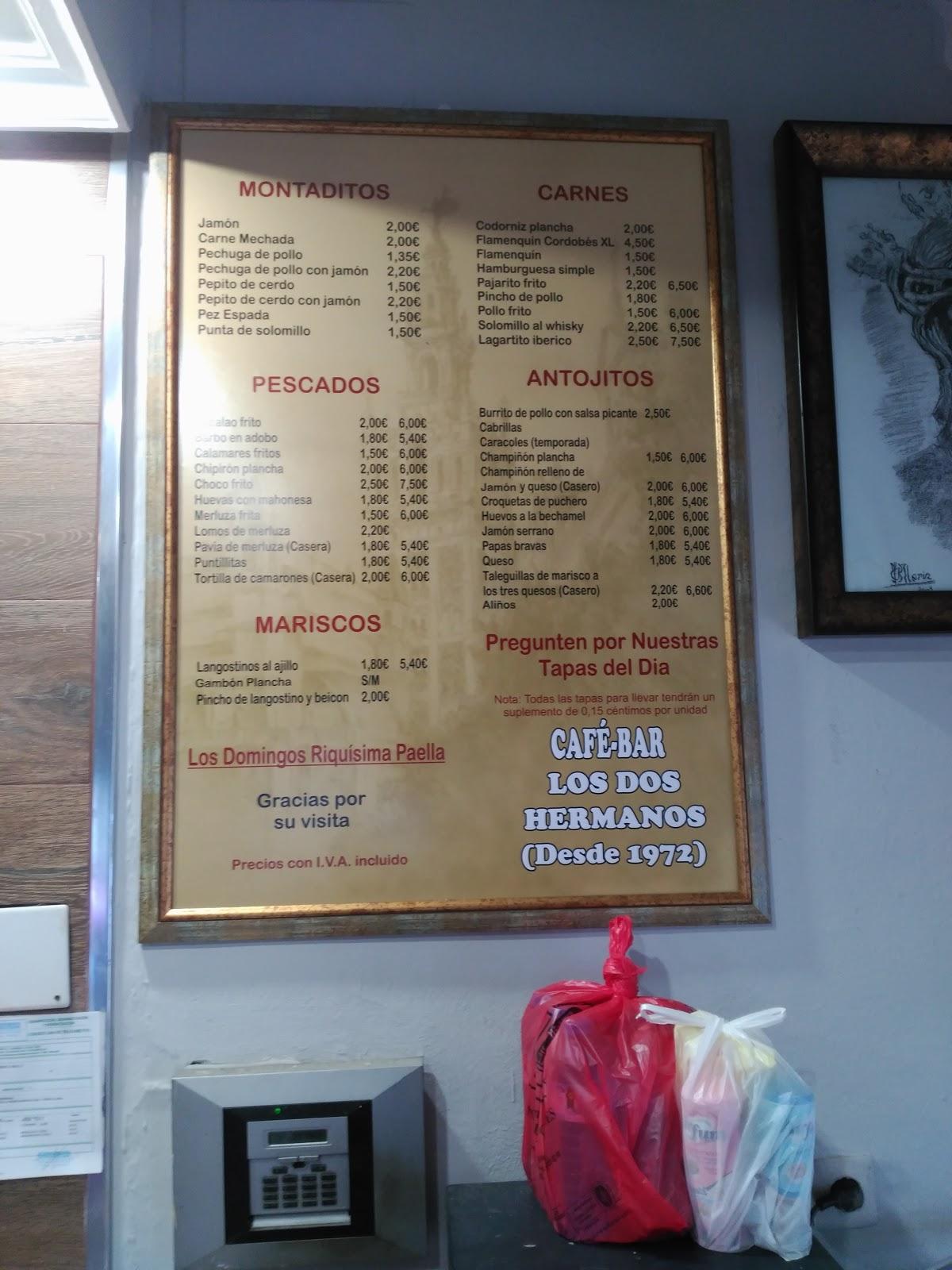 Menu at Los Dos Hermanos pub & bar, Seville