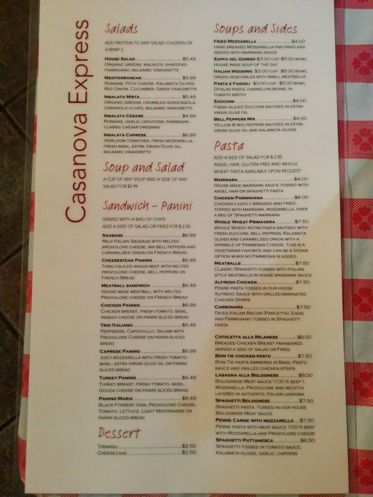Menu at Casanova Express fast food, Lexington, 325 W Main St