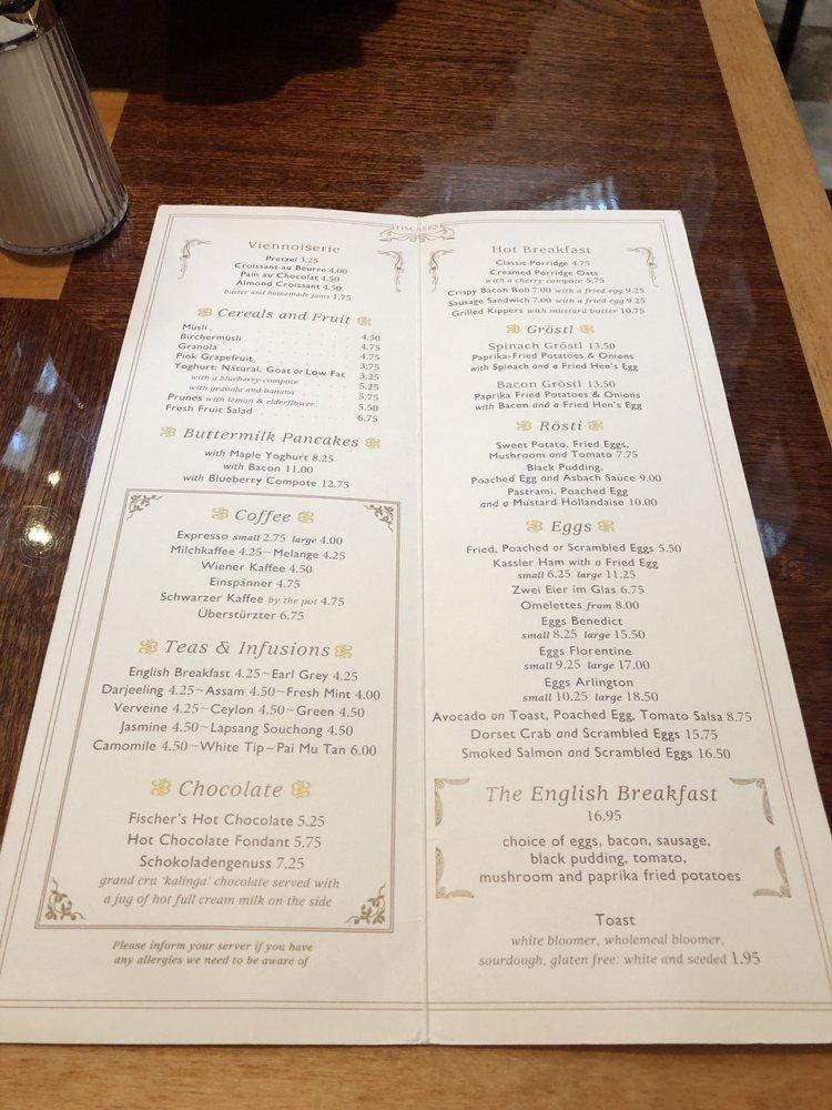 Menu at Fischers restaurant, London