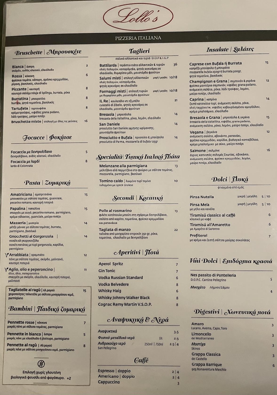 Menu at Lollo's Atene, Athens