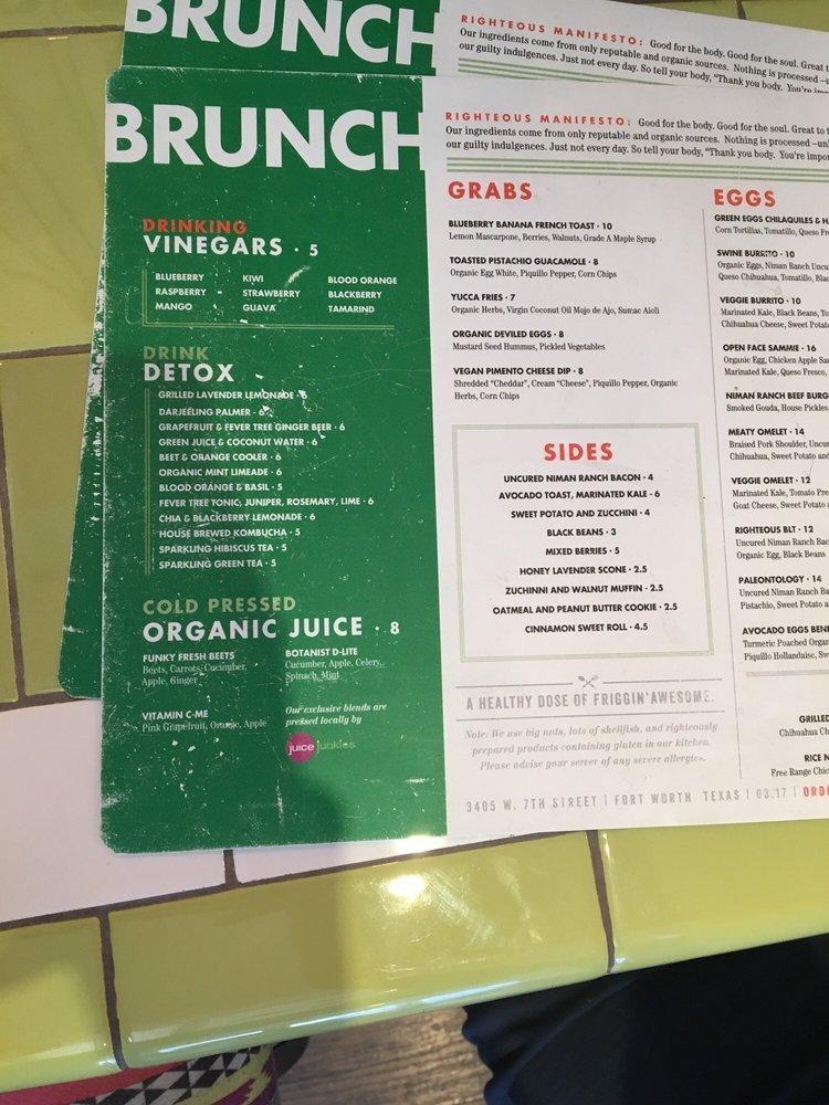Menu at Righteous Foods cafe, Fort Worth