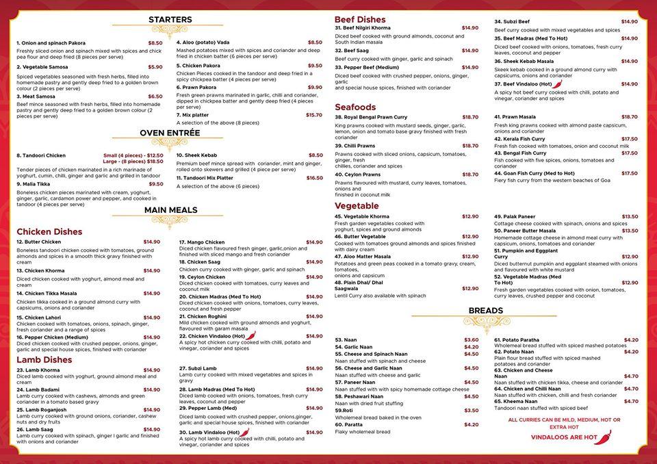 Menu at Royal Bengal Indian Restaurant, Blackstone
