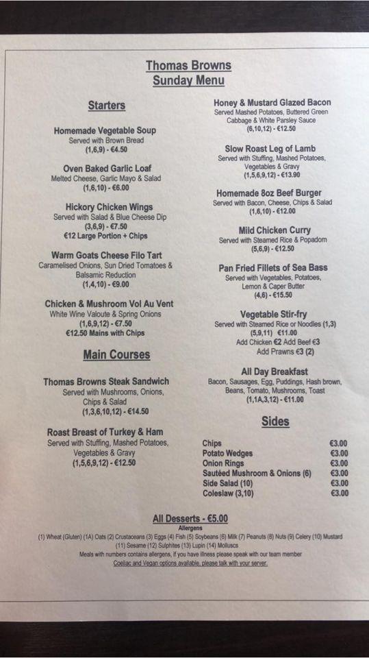Menu at Thomas Browns Restaurant, Kanturk