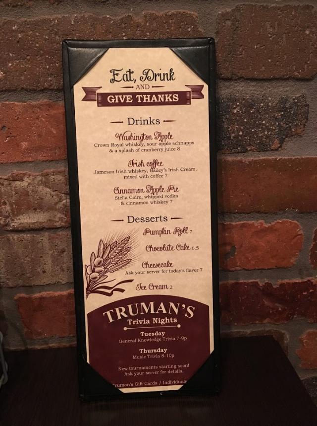Menu at Truman's Tap & Grill pub & bar, Lakewood Ranch, State Road 70 E ...