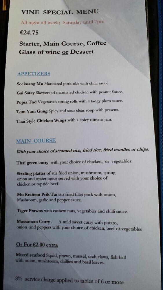 Menu at Vine Restaurant, Wexford