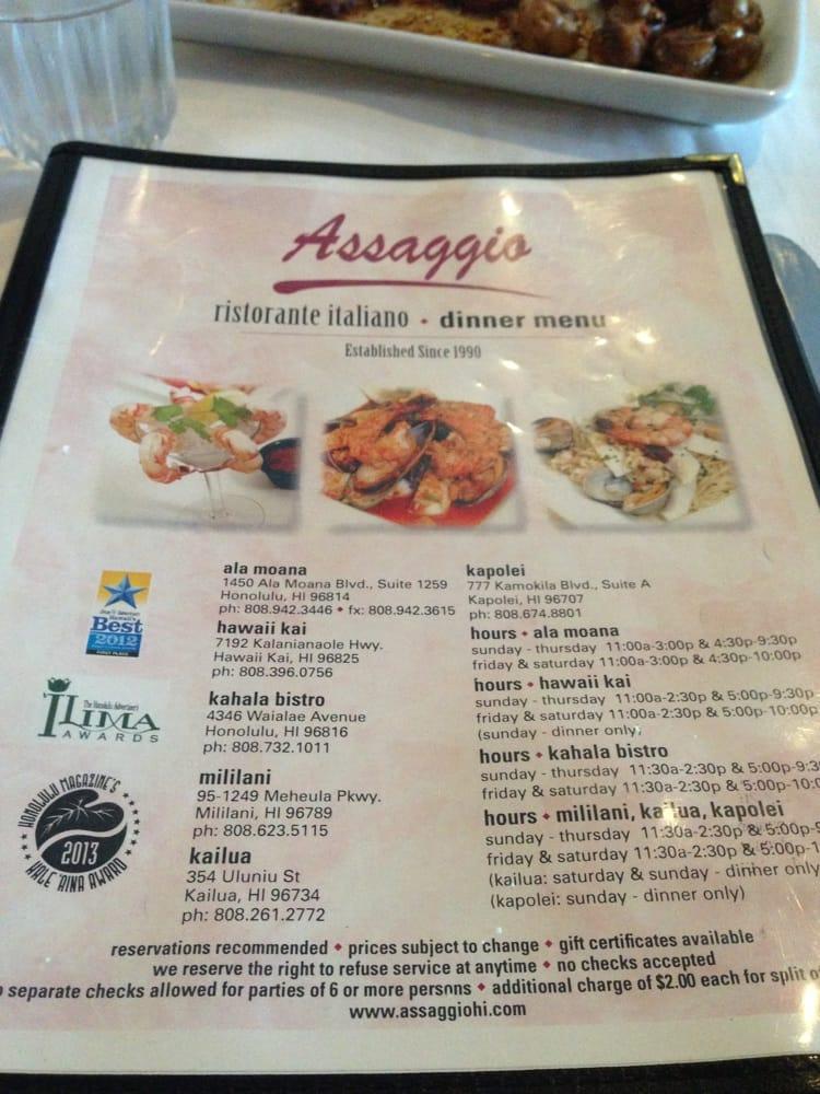 Menu at Assaggio Kailua restaurant, Kailua, 354 Uluniu St #101