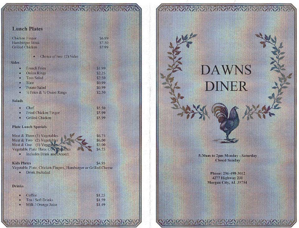 Menu at Dawn's Diner Arab AL restaurant, Arab