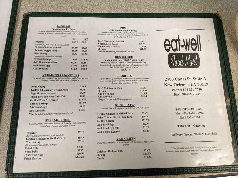 Menu at Eat-Well Food Mart restaurant, New Orleans, Canal St
