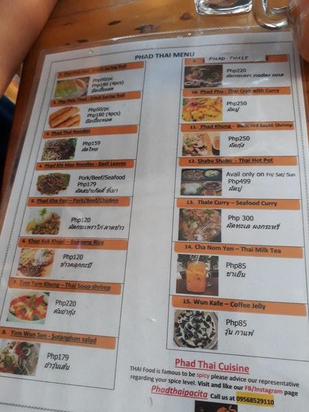 Menu at Phad Thai Pacita restaurant, San Pedro