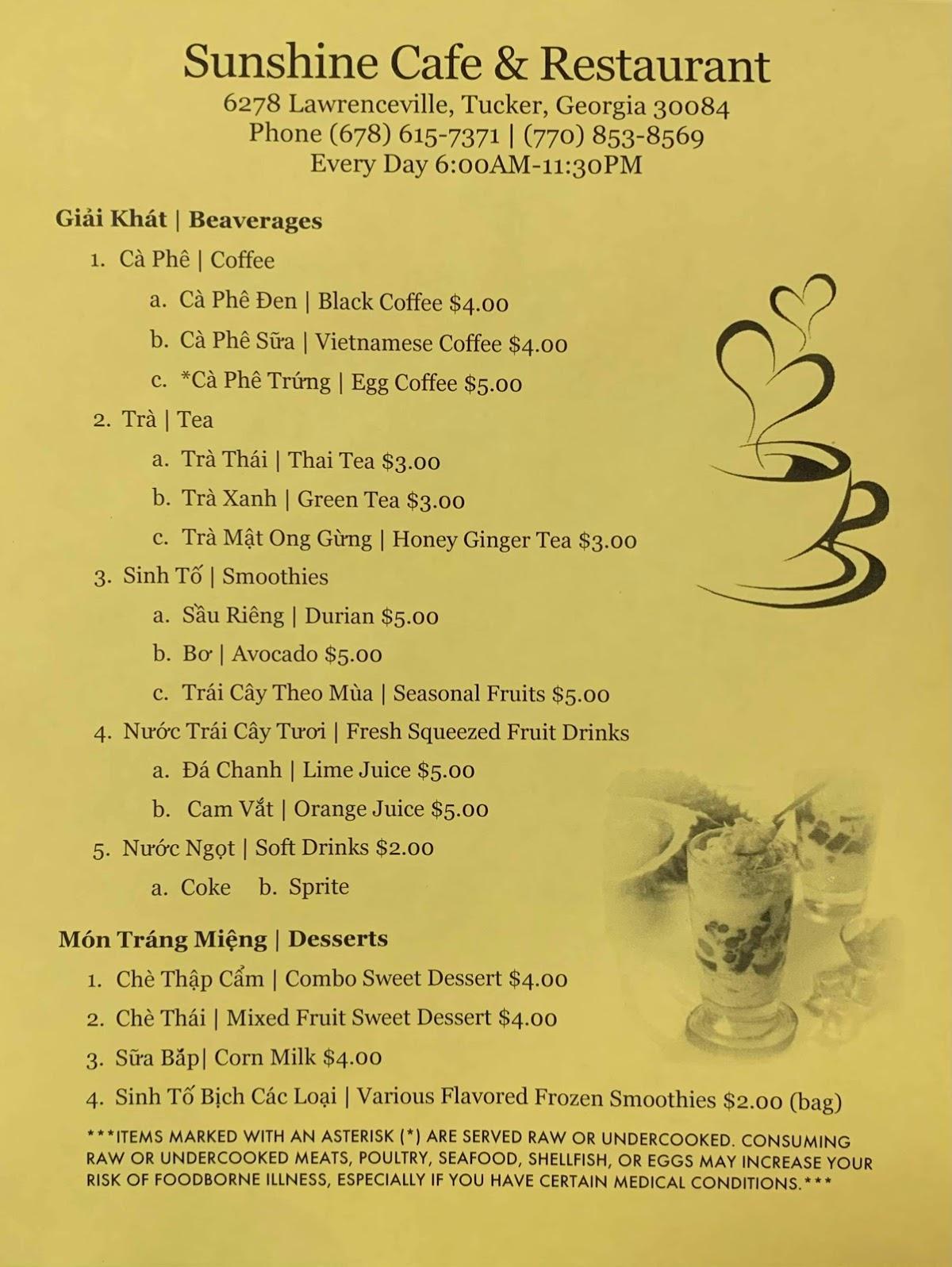 Menu at Sunshine Cafe and Restaurant, Tucker