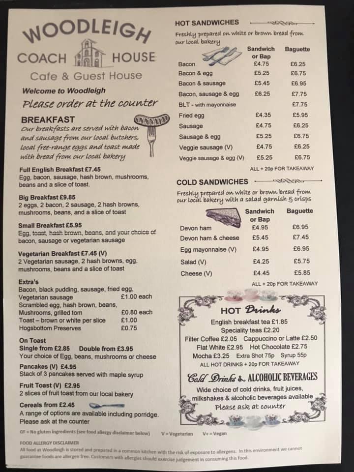 Menu at Woodleigh Coach House guest house and cafe, Cheriton Bishop