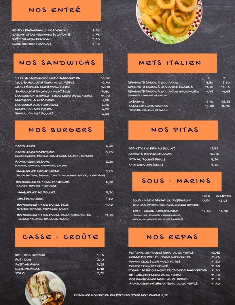 Menu au Casse-Croûte La Grondinoise restaurant, Saint-Maurice