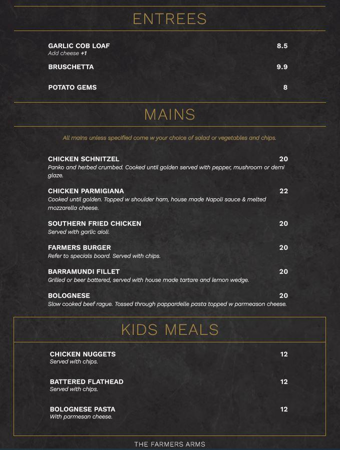Menu at Farmers Arms Hotel pub & bar, Saint Arnaud