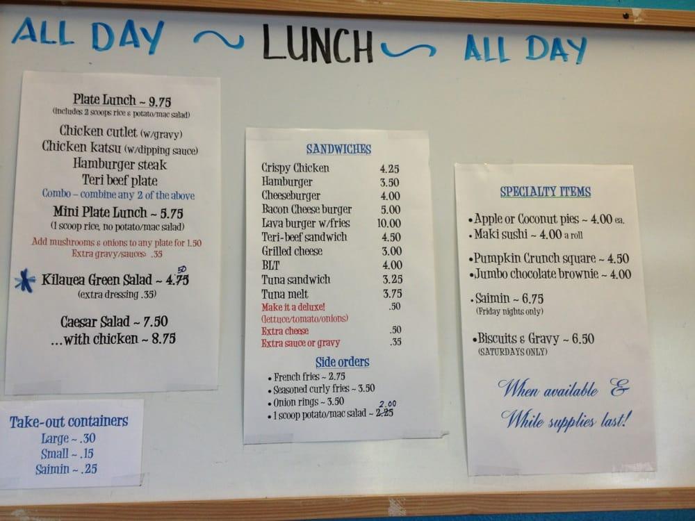 Menu at Gina's Anykine Grinds Cafe, Waimea