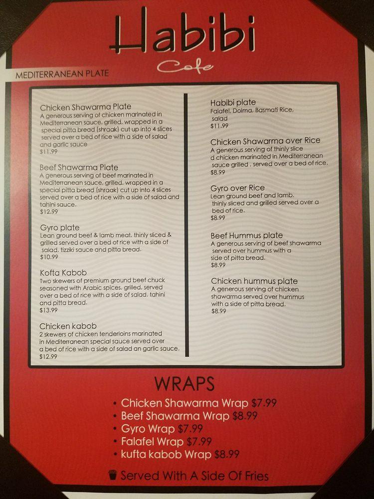 Menu at Habibi Cafe, San Antonio