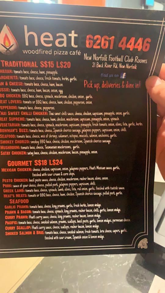 Menu at Heat woodfired pizza cafe, New Norfolk