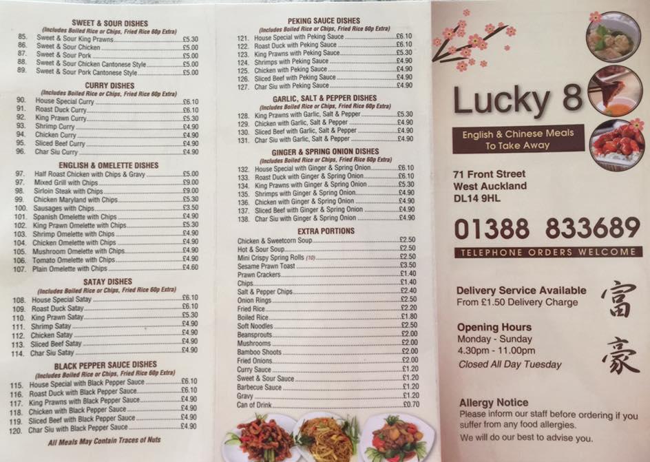 Menu at Lucky 8 Chinese Take Away restaurant, Bishop Auckland